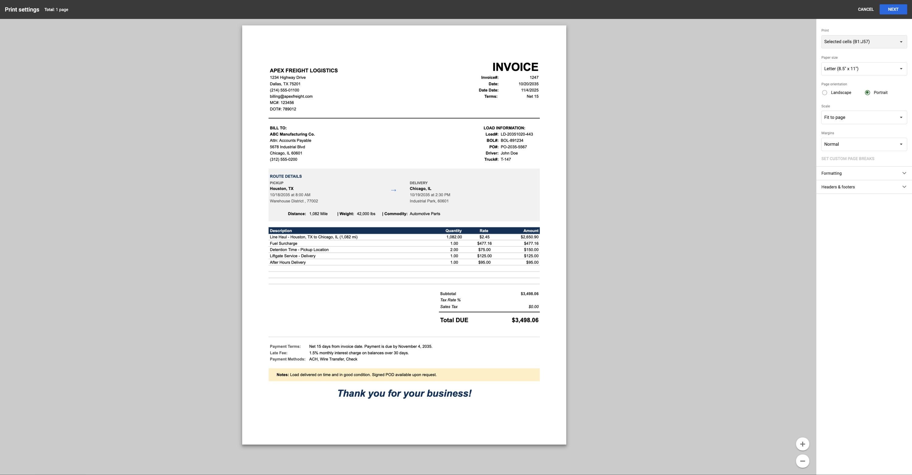 Trucking Invoice Template for Owner Operators & Freight Carriers (excel ...