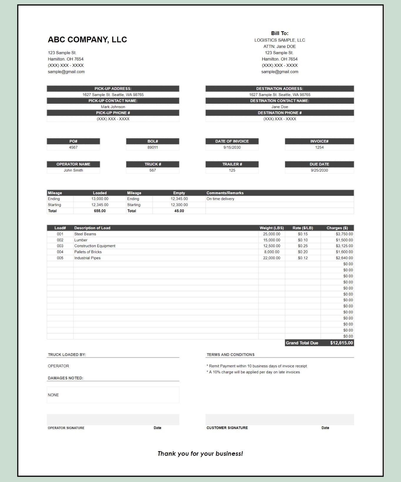 Trucking Invoice Template: Freight, Shipping, Delivery - Etsy