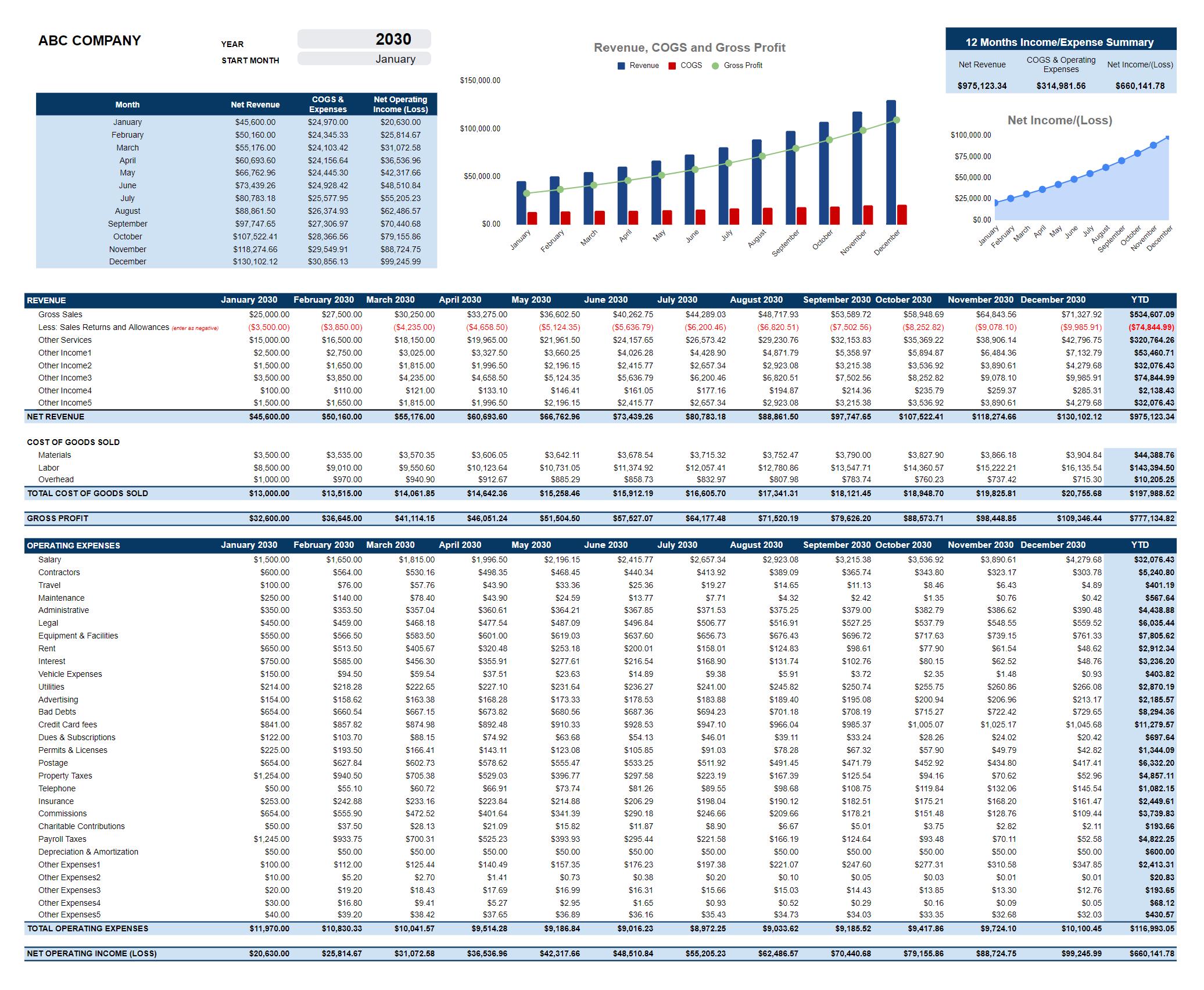 Profit and Loss Dashboard, Income and Expense Statement, 12 Months ...