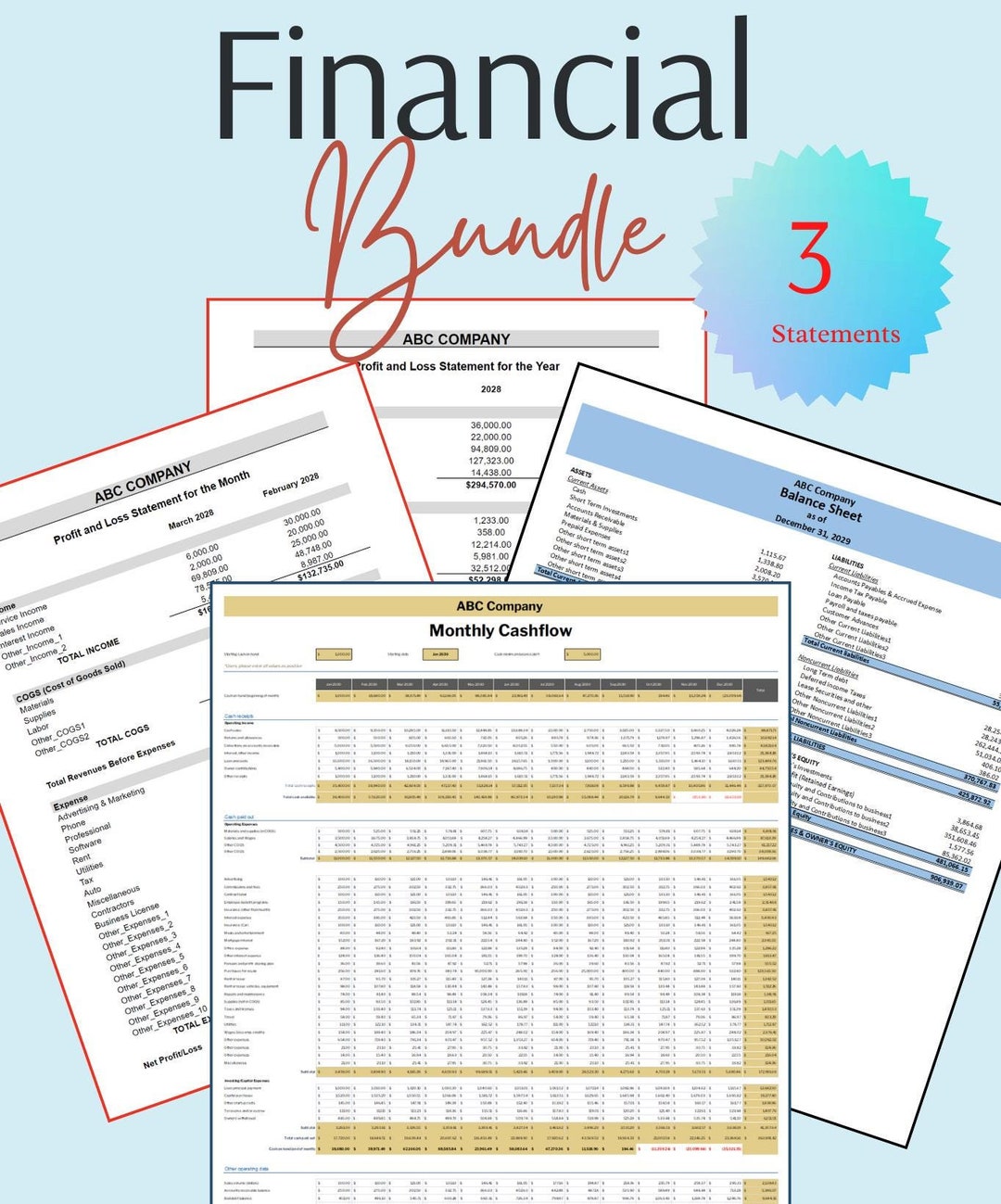 Financial Statement Bundle: Income, Balance, Cashflow, Balance Sheet ...
