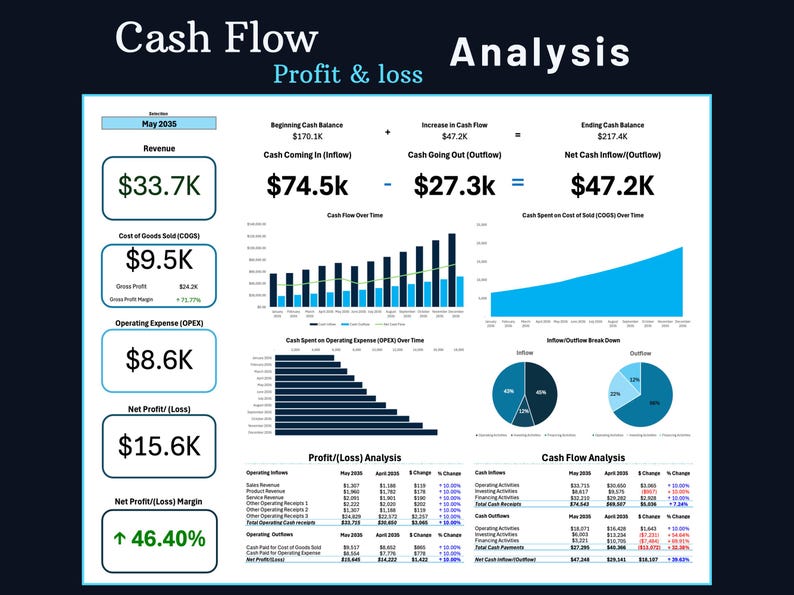 Monthly Cashflow Dashboard: Small Business Profit/loss and Cash ...