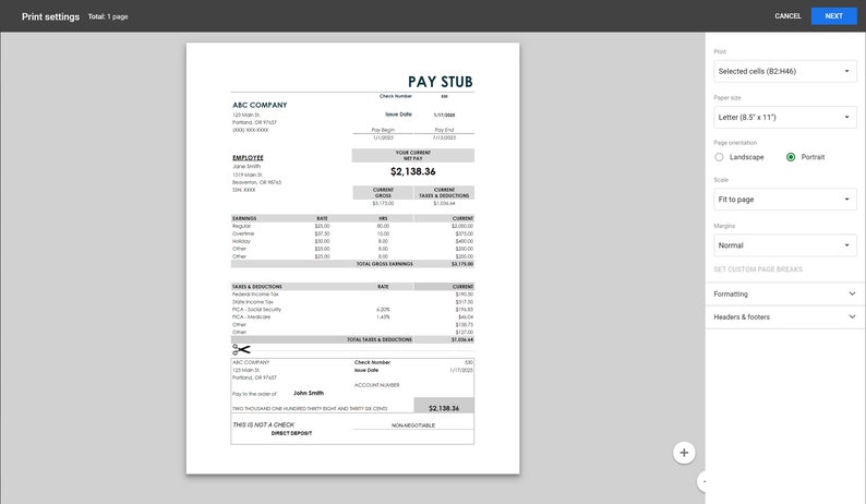 Paystub Template, Earnings Statement, Small Business Paystub, Payslip ...