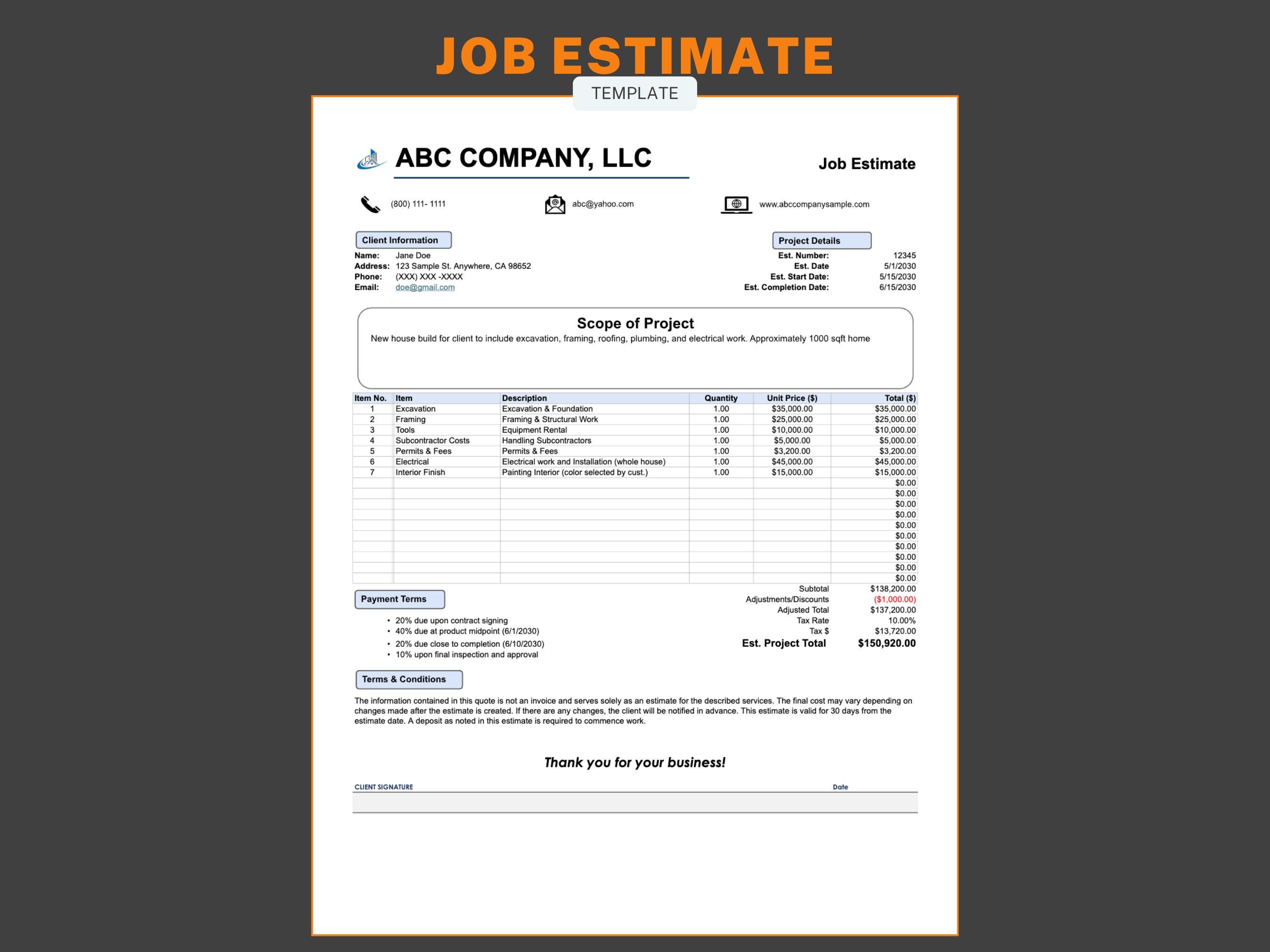 Construction Estimate Template: Job Quote With Logo (google Sheets ...