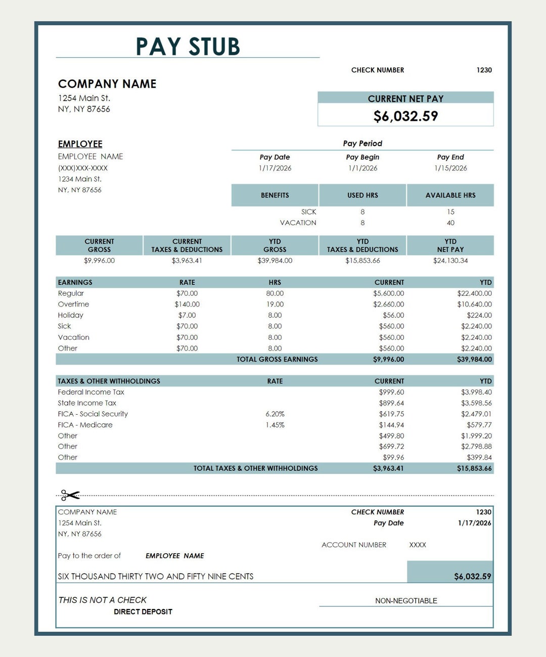 Editable Paystub Template: Employee Payroll, Small Business - Etsy