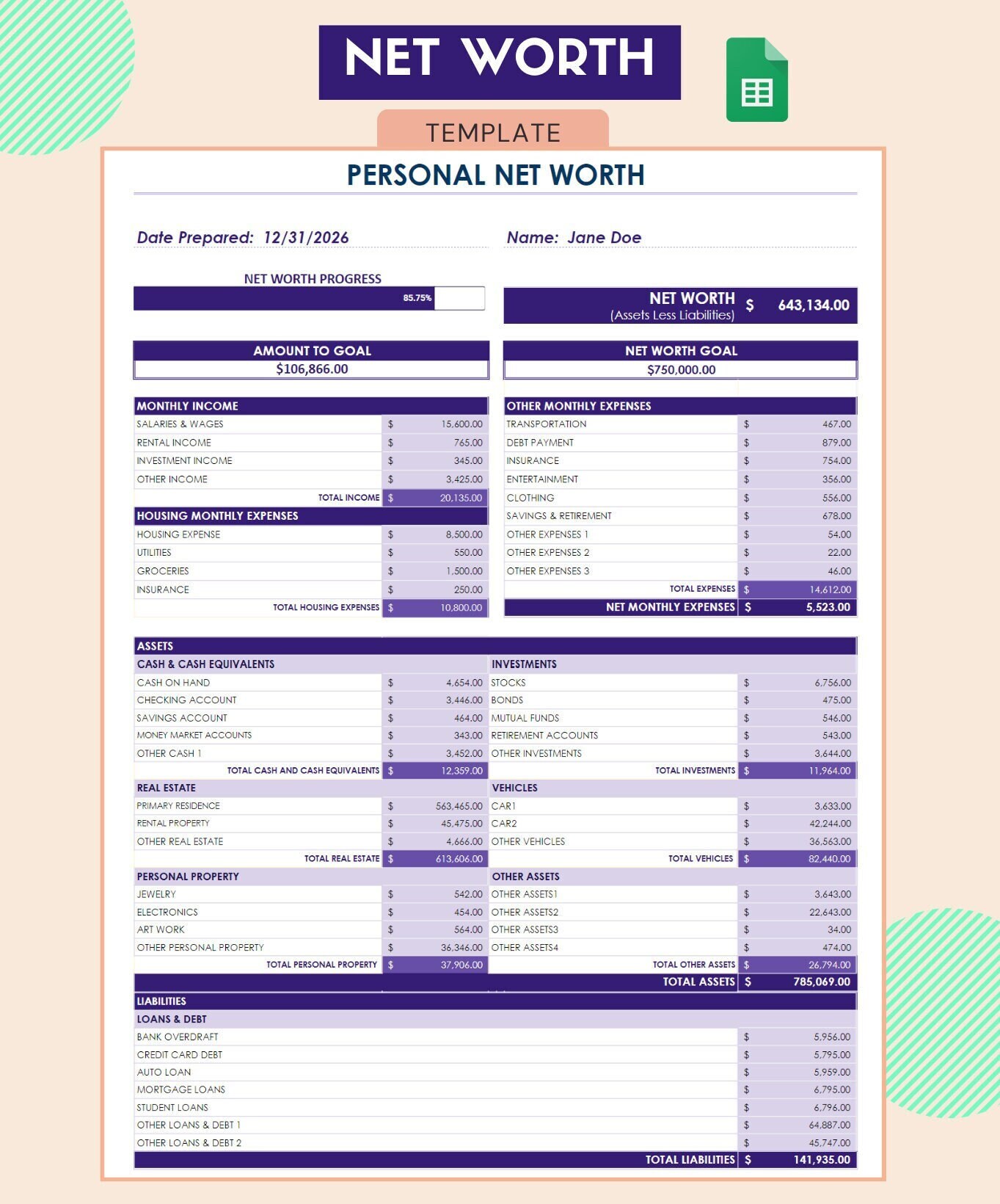 Net Worth Calculator: Personal Finance Template (google Sheets) - Etsy