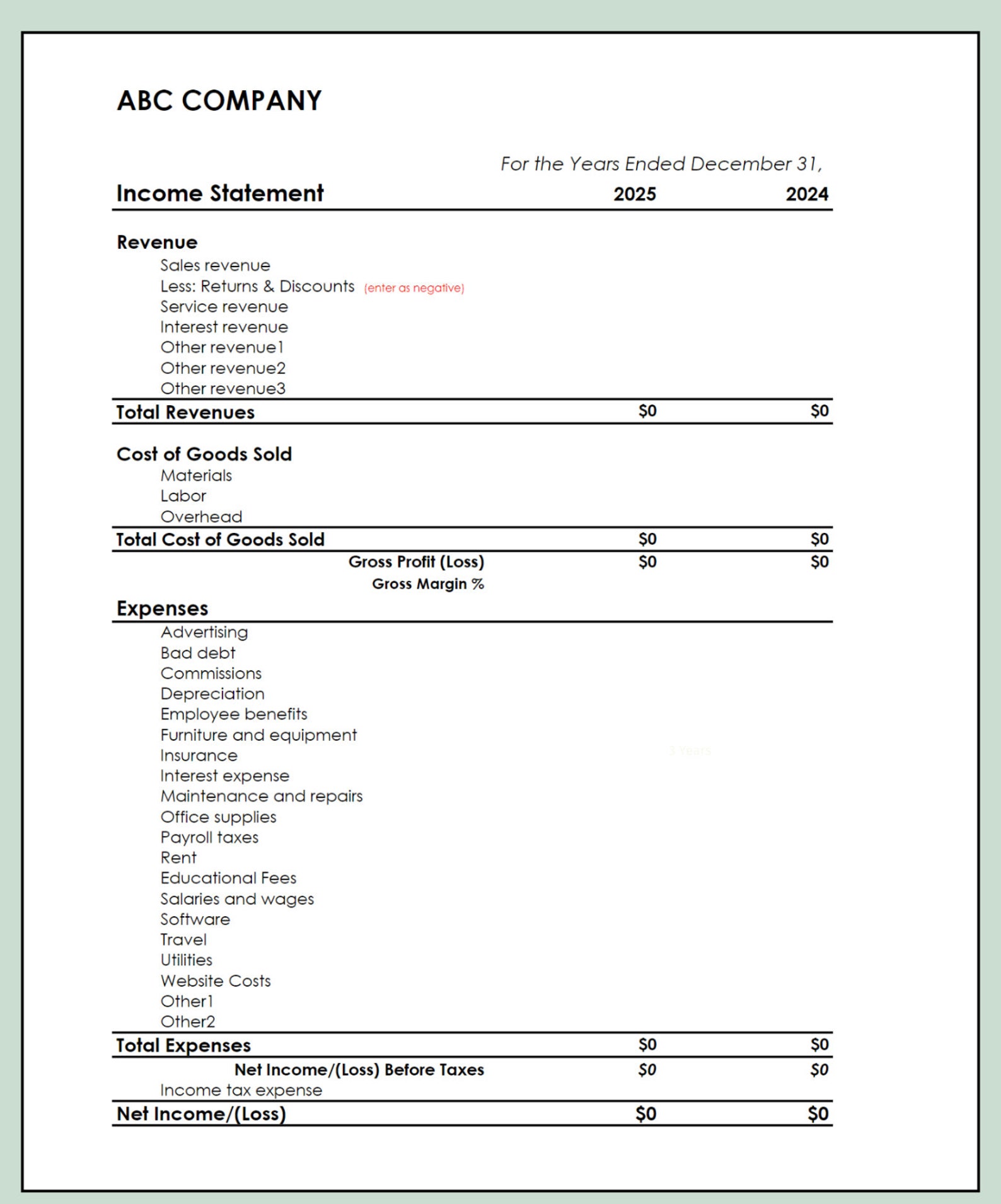 Two Year Income Statement Template (excel & Google Sheets) - Etsy