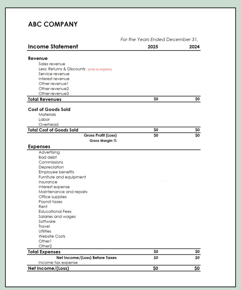 Two Year Income Statement Template (excel & Google Sheets) - Etsy