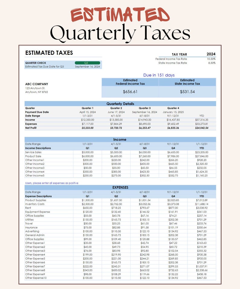 Quarterly Taxes Template, Profit and Loss Template, Estimated Taxes ...