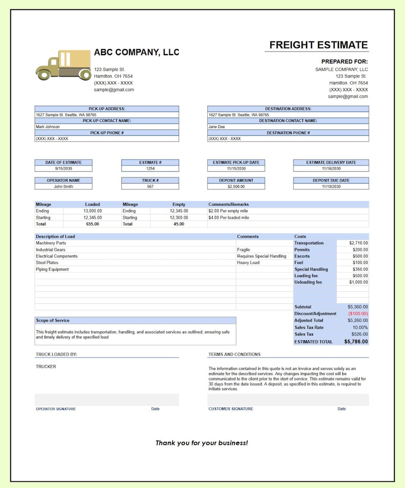 Trucking Estimate Template: Freight, Mileage, Delivery - Etsy