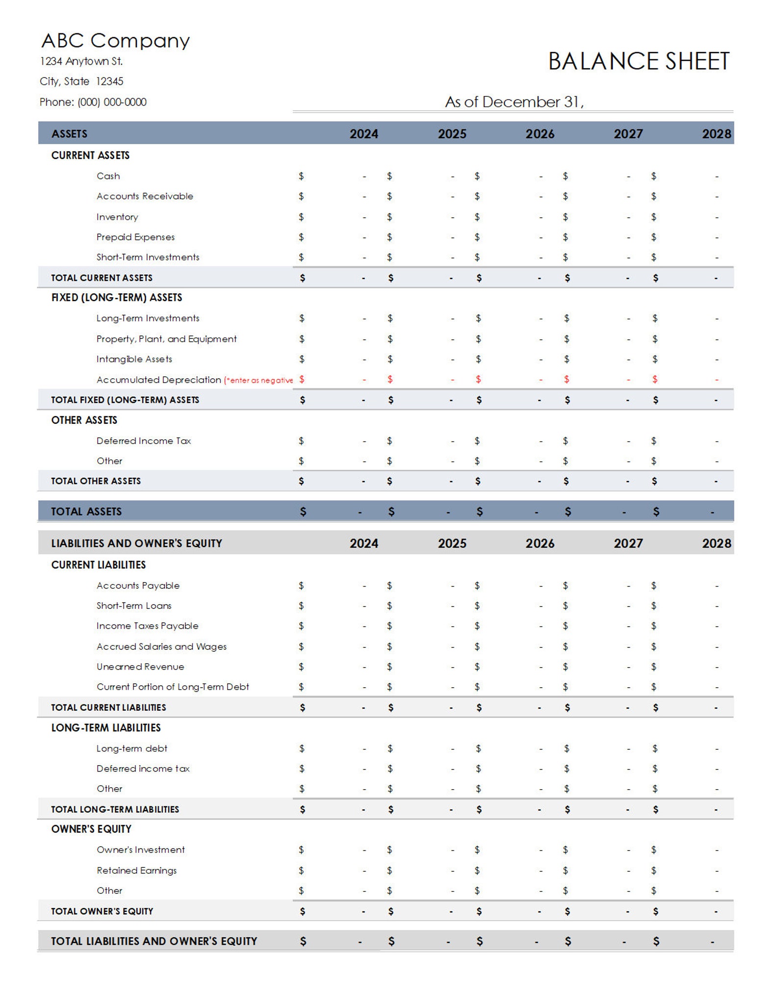Balance Sheet Template: Simple 5-year Financial Projection (excel ...