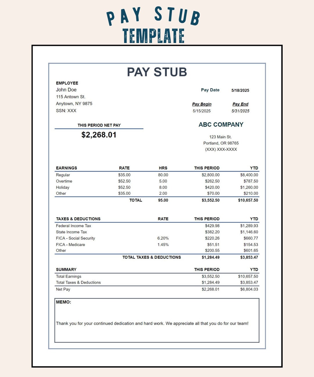 Paystub Template, Earnings Statement, Employee Payroll, Small Business ...