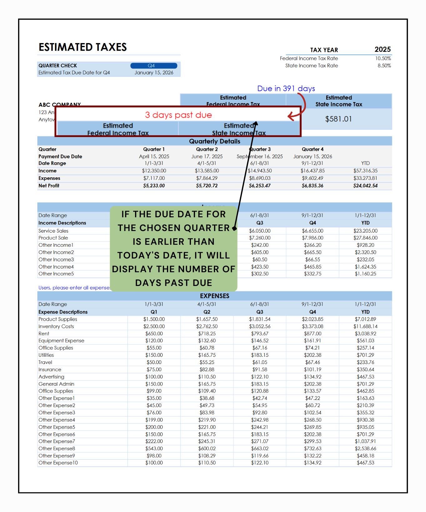 Quarterly Taxes Template: Profit and Loss, Federal & State (excel and ...