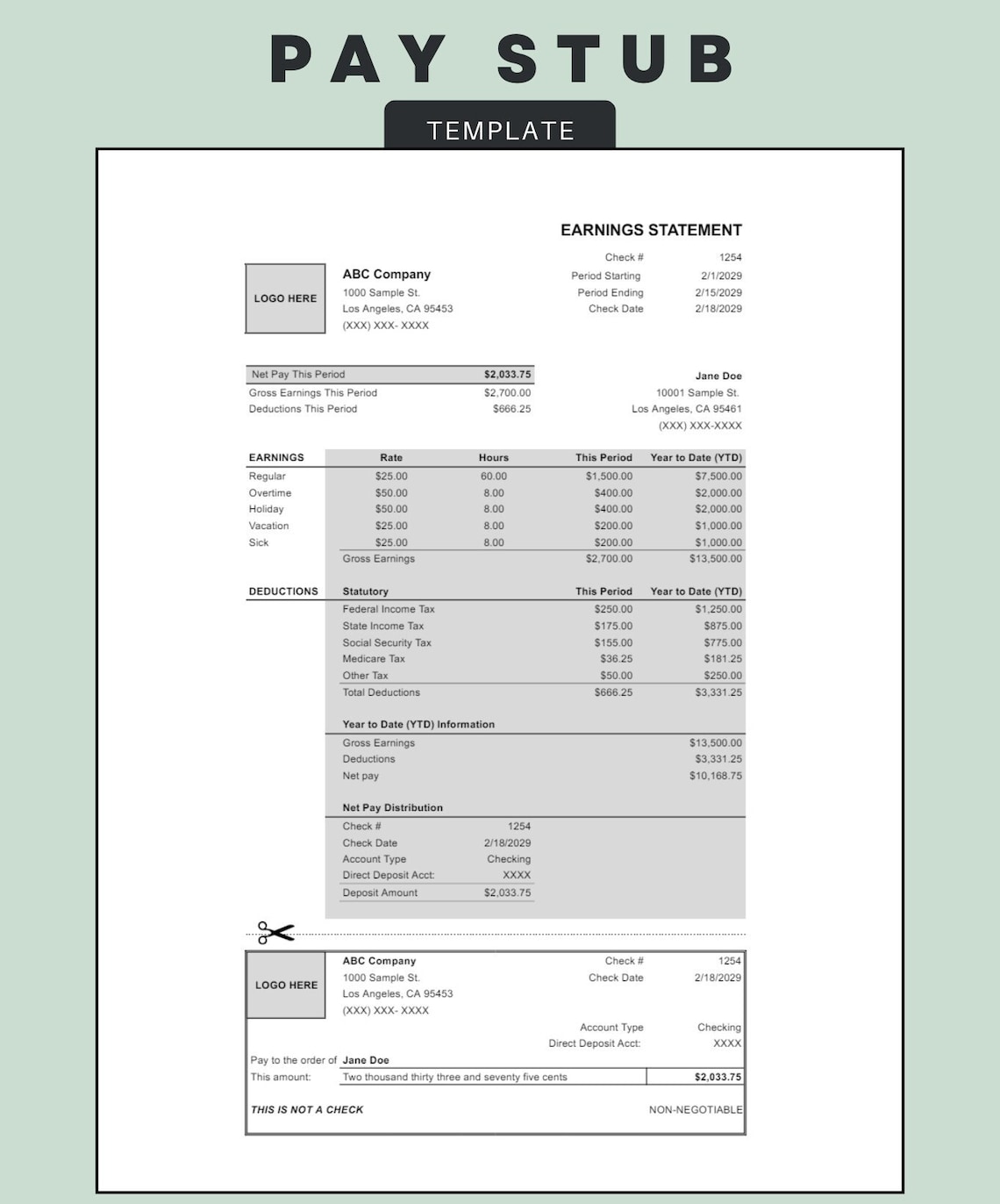 Paystub Template, Earnings Statement, Business Paystub Paystub Template ...