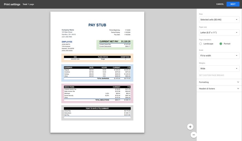 Paystub Template, Earnings Statement, Employee Payroll, Small Business ...