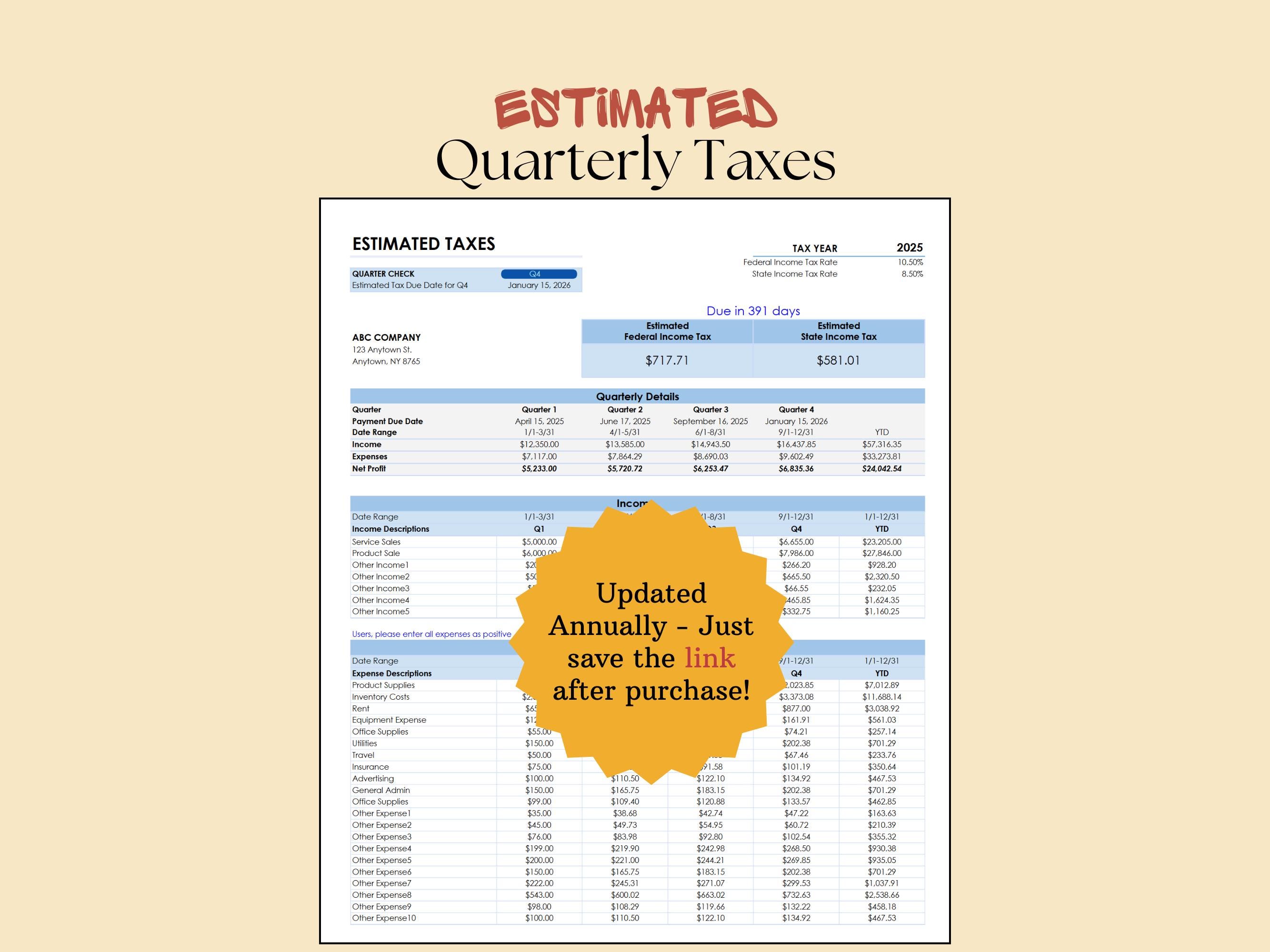 Quarterly Taxes Template: Profit and Loss, Federal & State (excel and ...