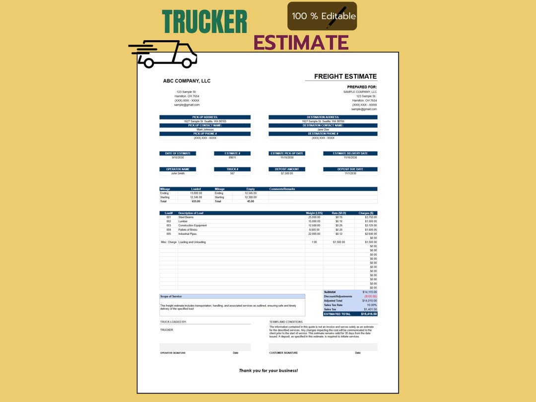 Trucking Estimate Template: Weight and Rate - Etsy