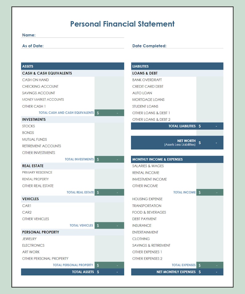 Personal Financial Statement Template: Net Worth Tracker (excel ...
