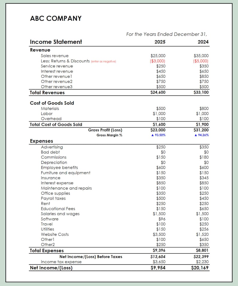 Two Year Income Statement Template (excel & Google Sheets) - Etsy