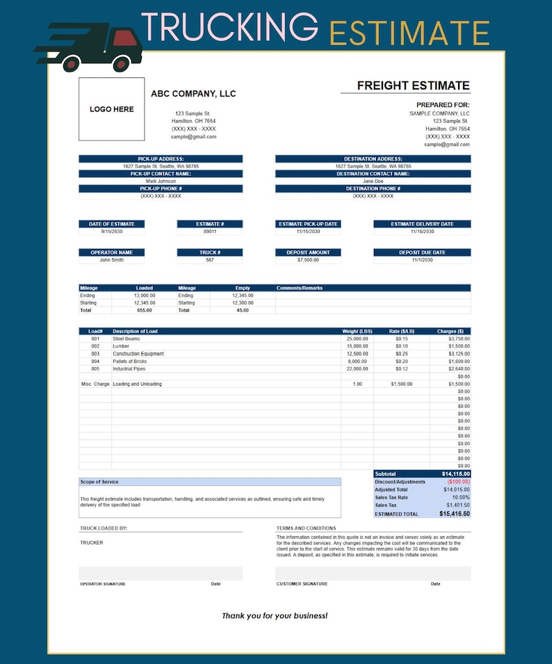 Trucking Estimate Template: Freight, Mileage, Rate - Etsy