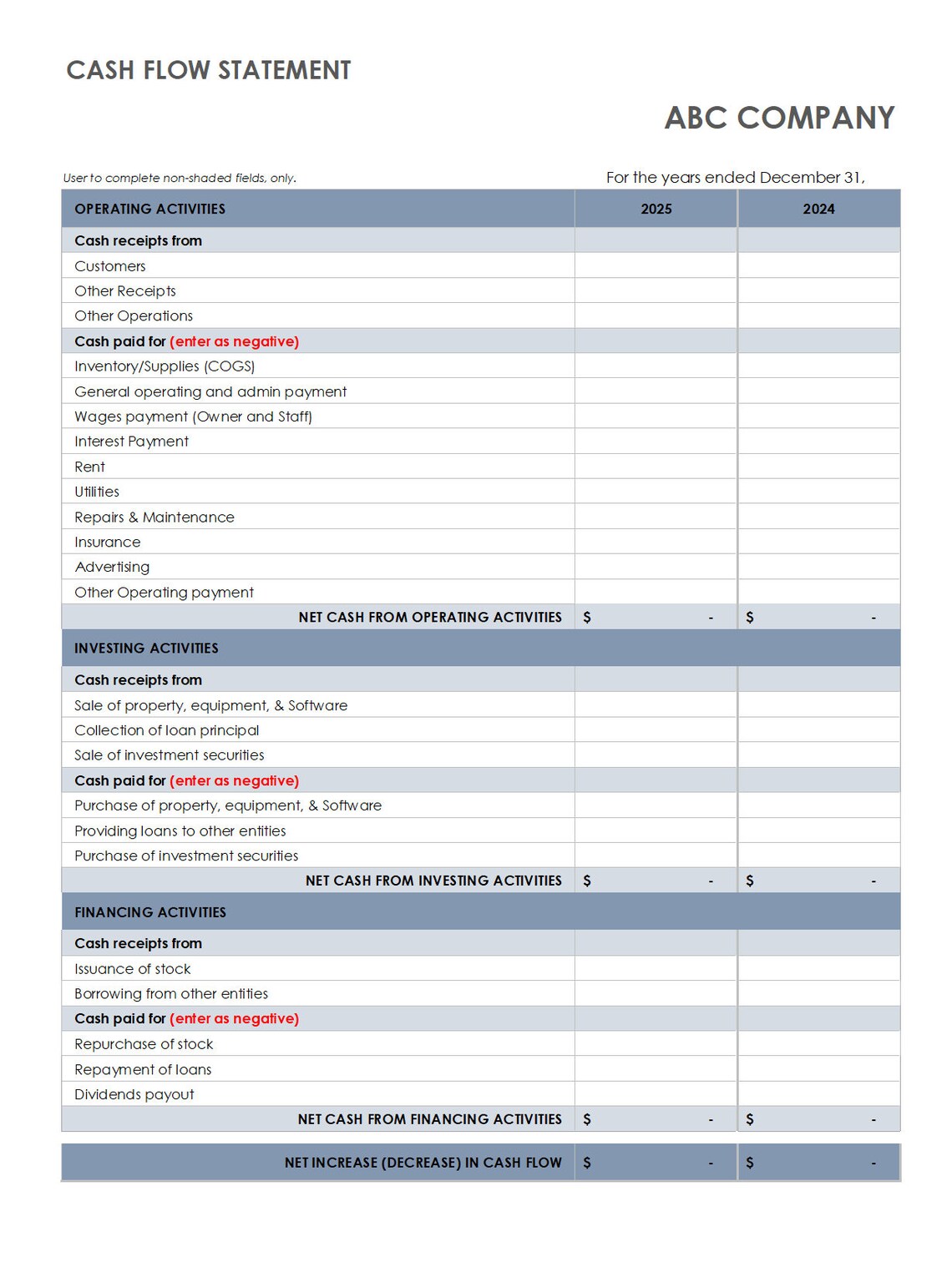 Cash Flow Statement, Cash Flow Template, Two Years Cashflow, Monthly ...