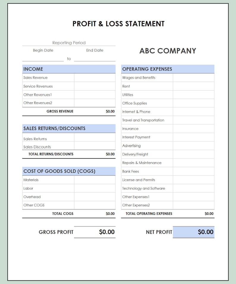 Profit and Loss Statement Template | Simple Income & Expense Sheet - Etsy
