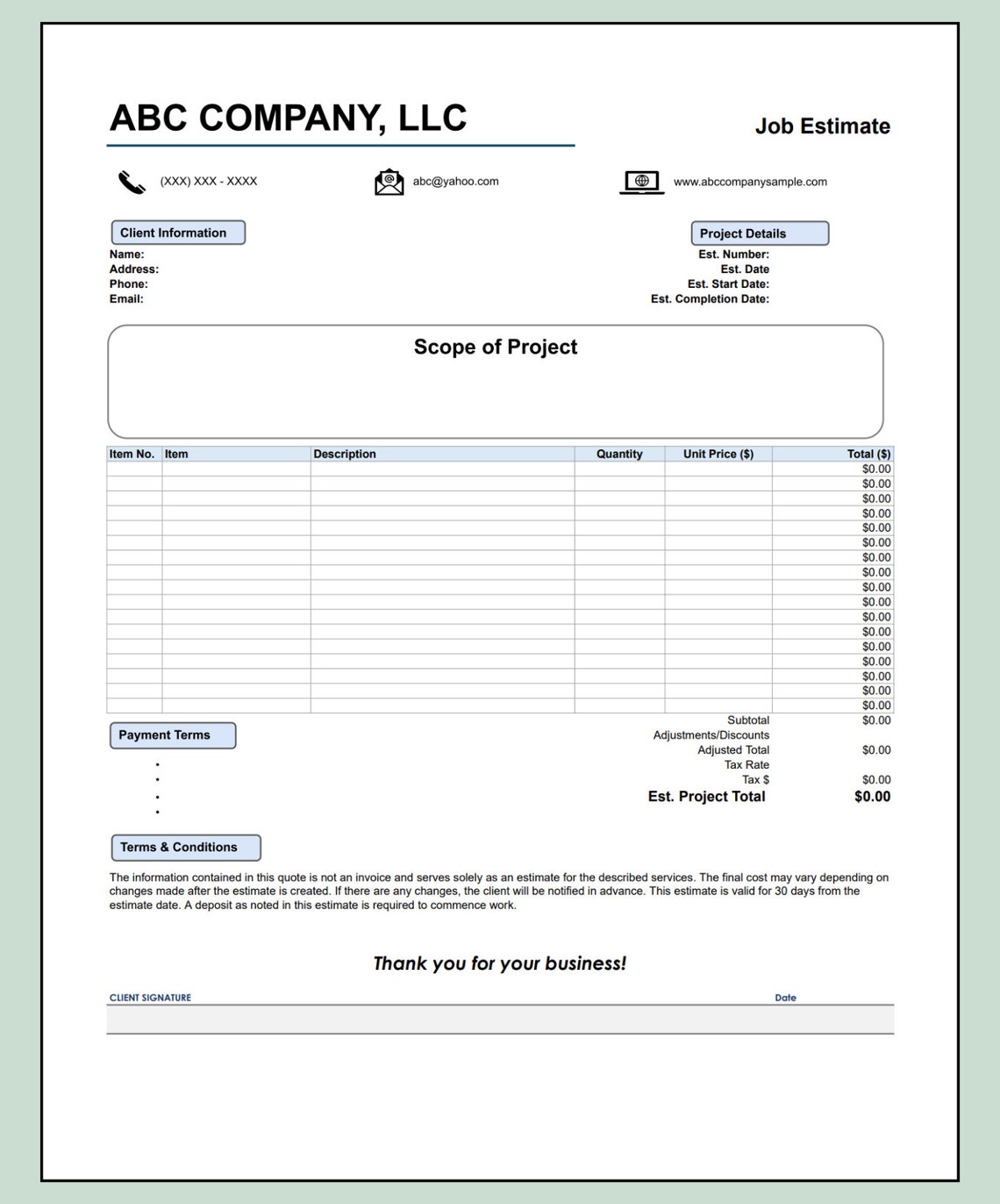 Job Estimate Template: Construction, Contractor Proposal, Bid (google ...