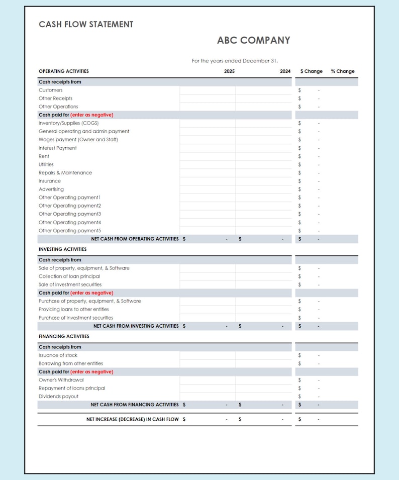Cash Flow Statement Template: Two-year Analysis, Comparative Report - Etsy