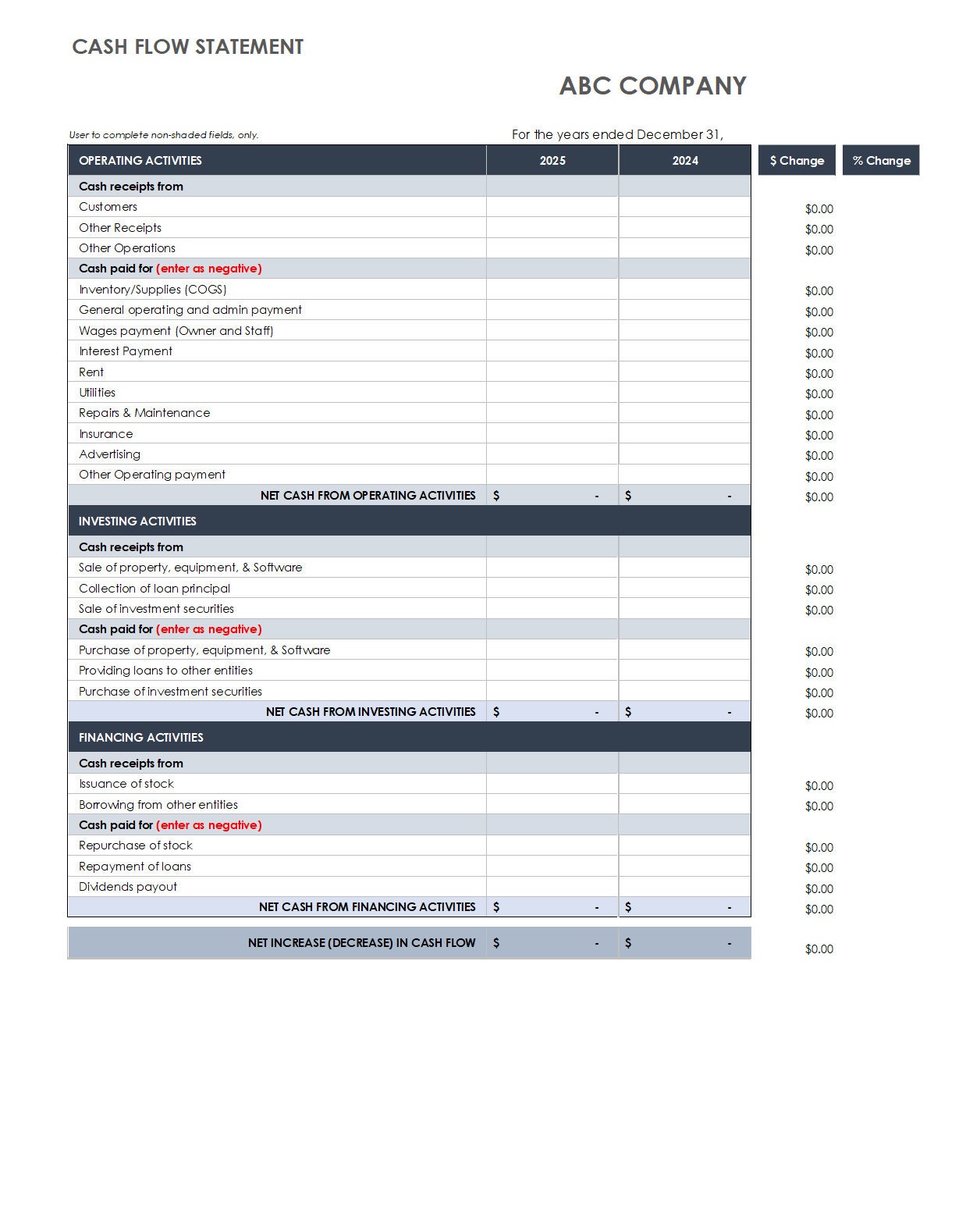 Cash Flow Statement Template: Two-year Analysis (google Sheets and ...