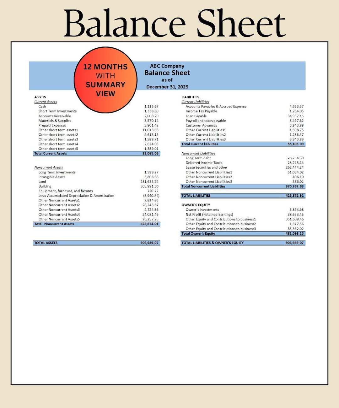Small Business Balance Sheet Template (excel & Google Sheets) - Etsy