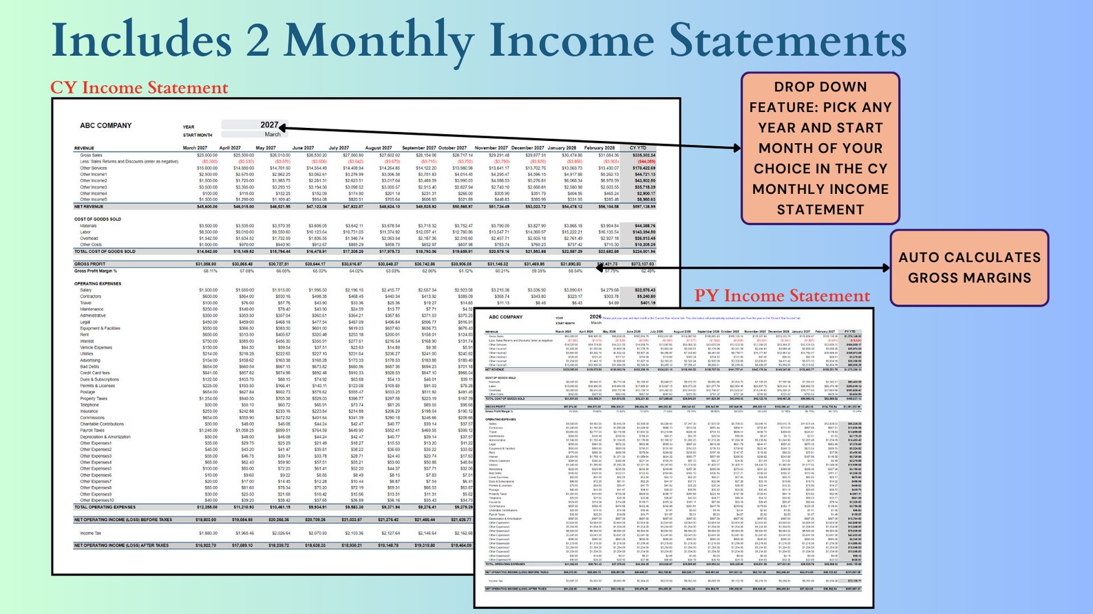 Income Statement Template, Profit and Loss, Year Over Year Income ...