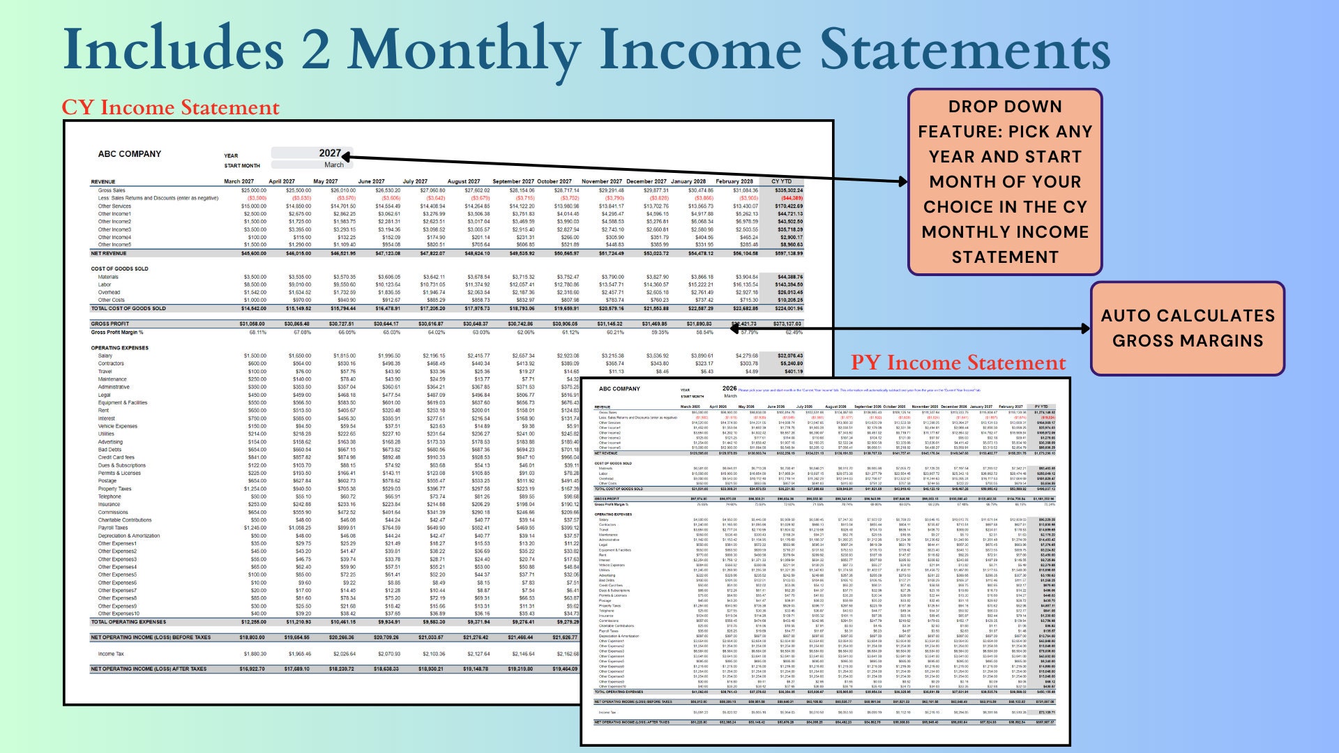 Income Statement Template, Profit and Loss, Year Over Year Income ...