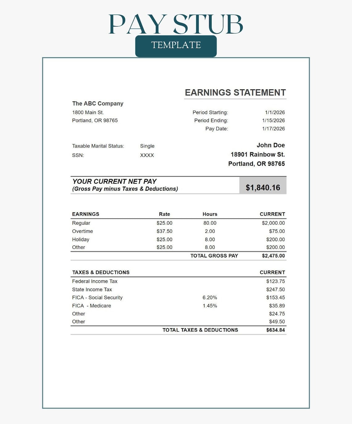 Paystub Template, Earnings Statement, Business Paystub Paystub Template ...