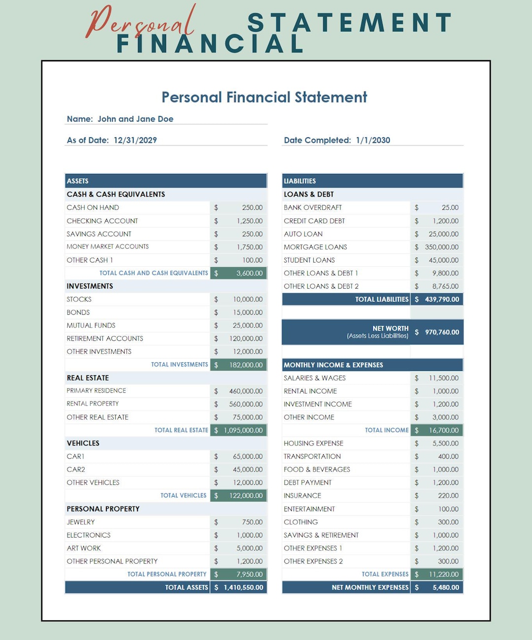 Personal Financial Statement Template: Net Worth Tracker (excel ...