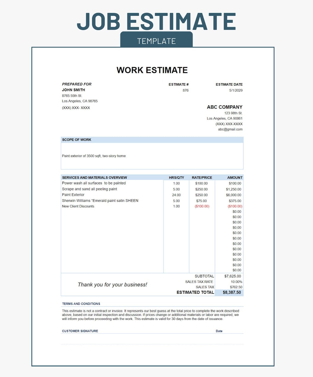 Job Estimate Template: Construction Proposal, Bid, Scope of Work (excel ...