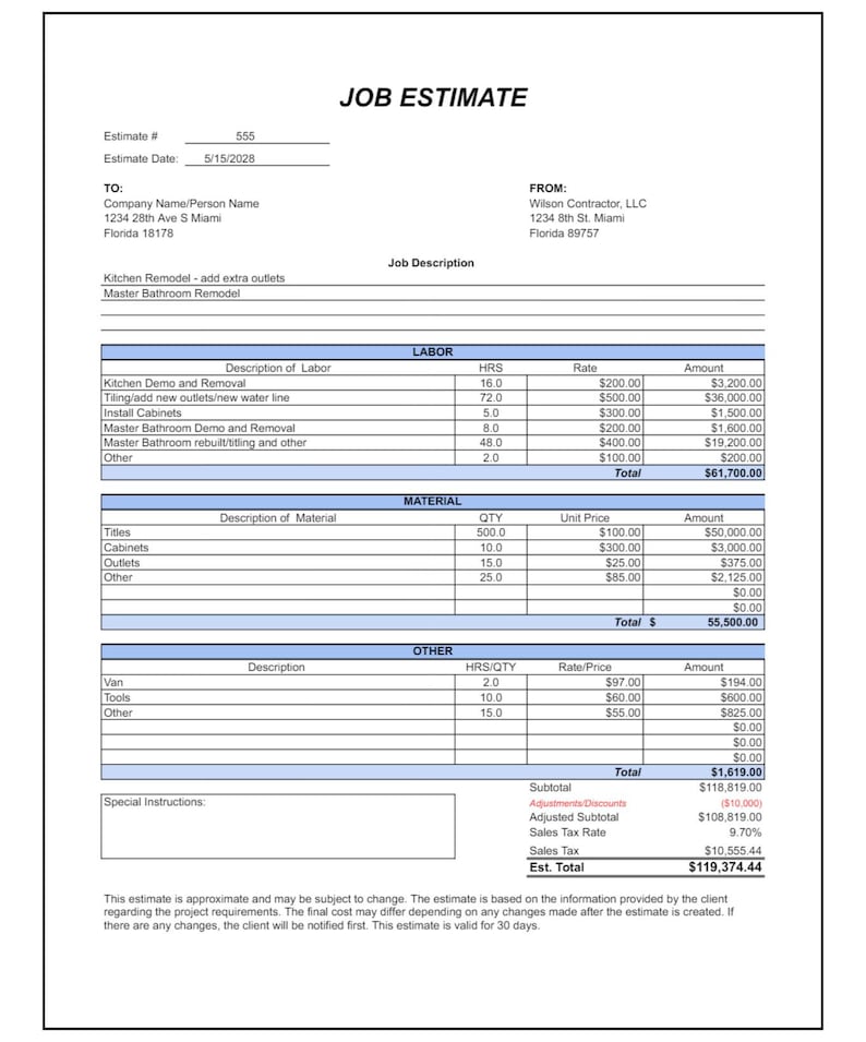 Job Estimate Template: Construction Proposal, Bid Template (excel ...