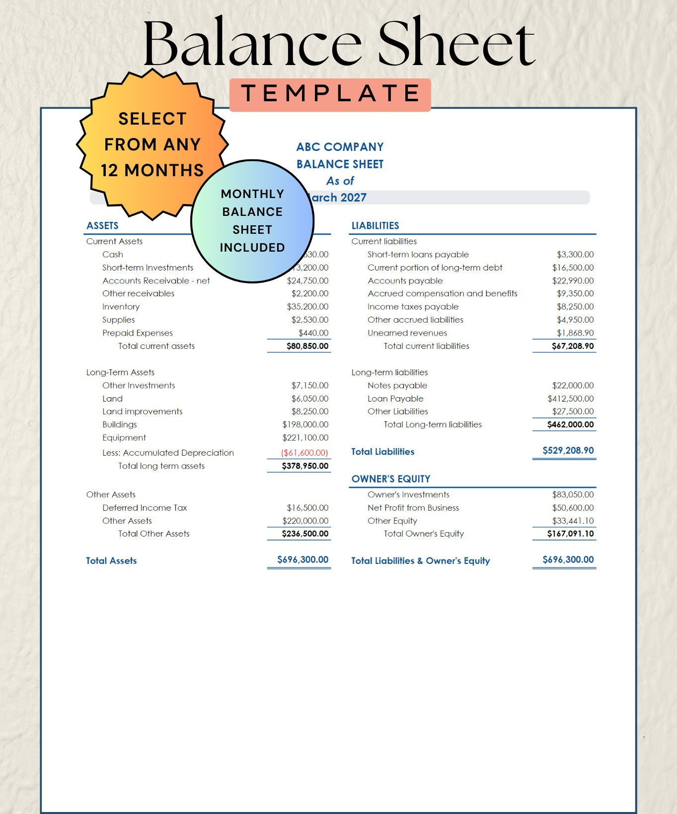 Balance Sheet Template | Small Business Monthly Assets & Liabilities - Etsy