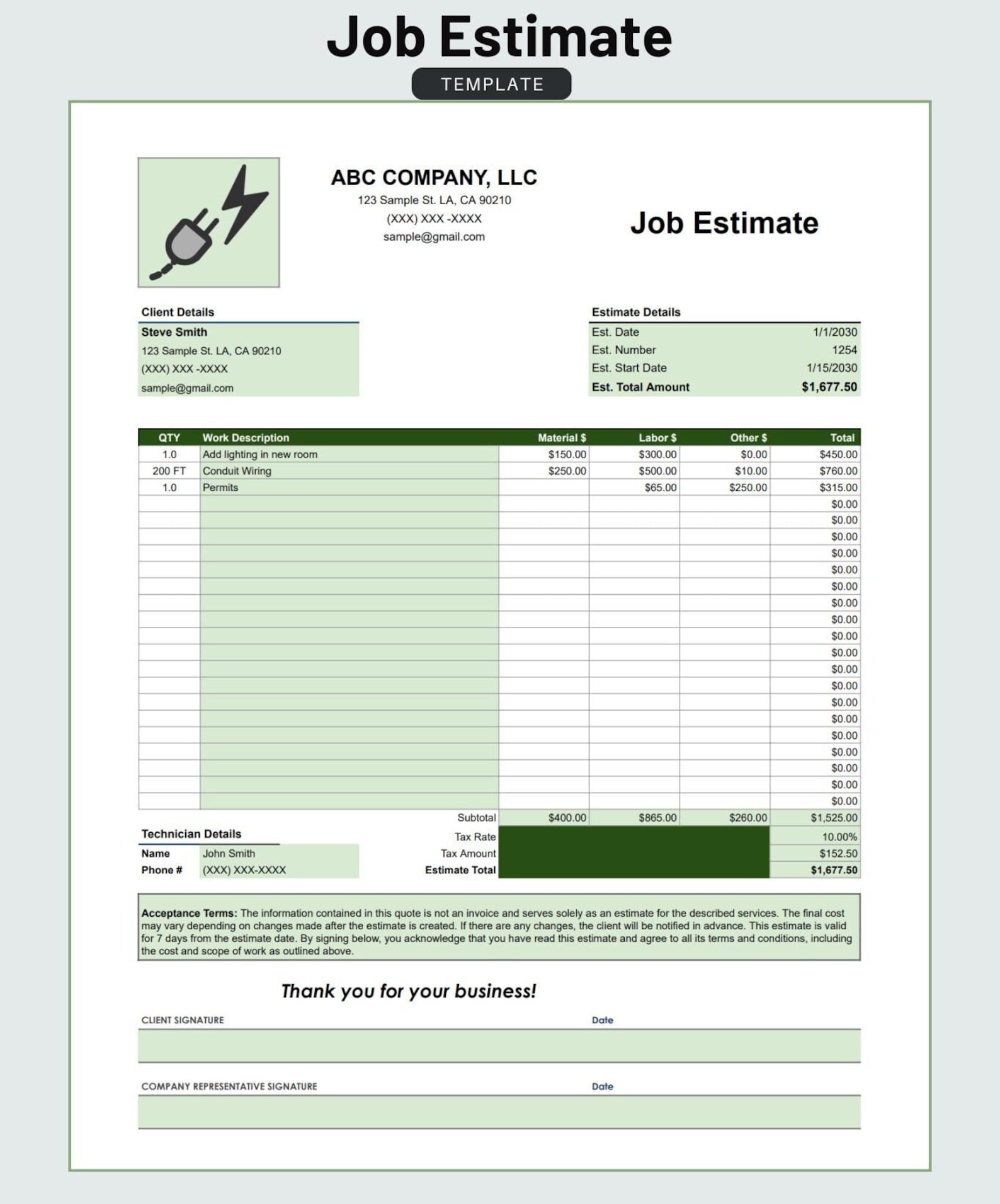 Professional Job Estimate Template: Construction, Handyman, Electrician ...