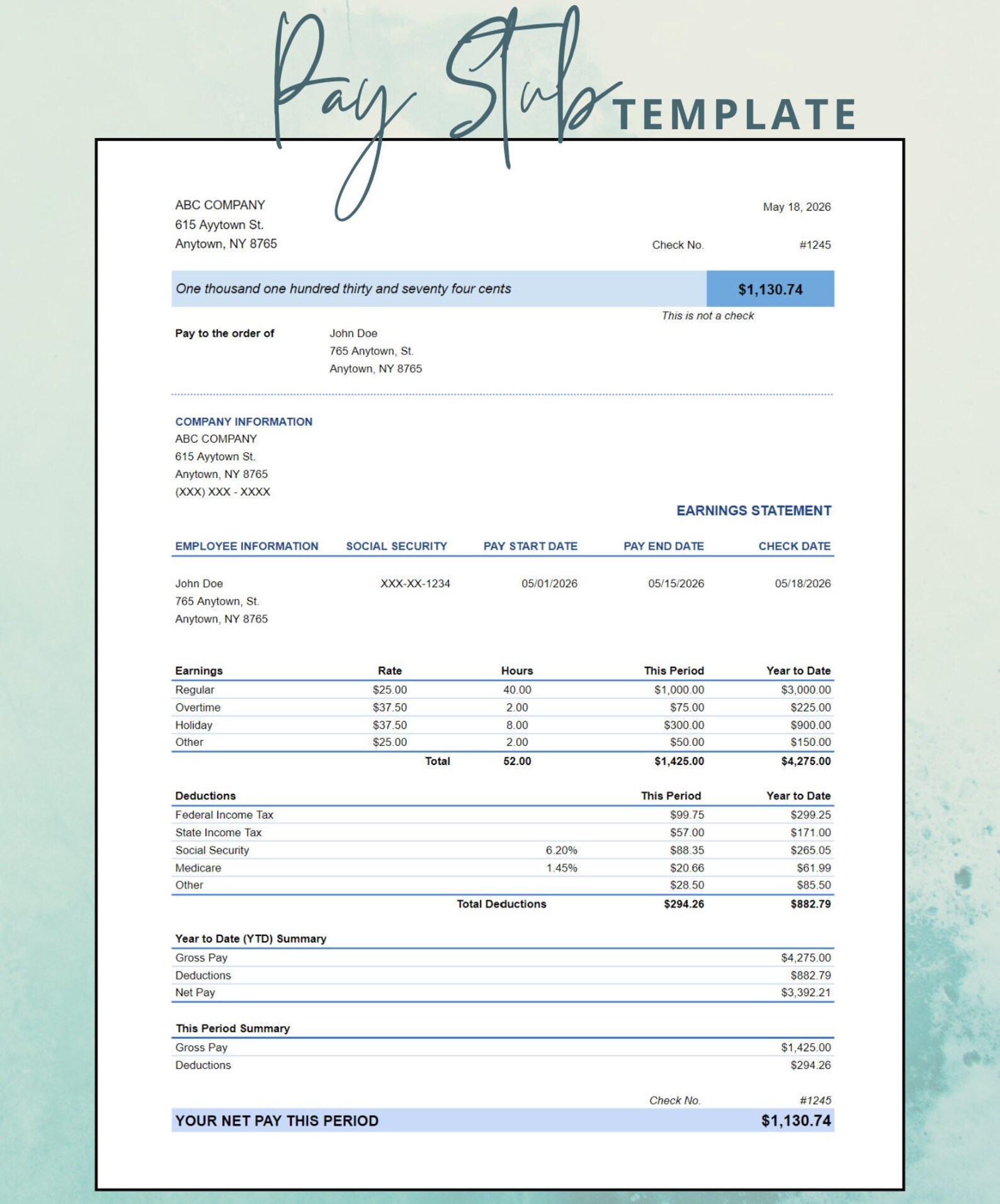 Paystub Template, Earnings Statement, Employee Payroll, Small Business ...