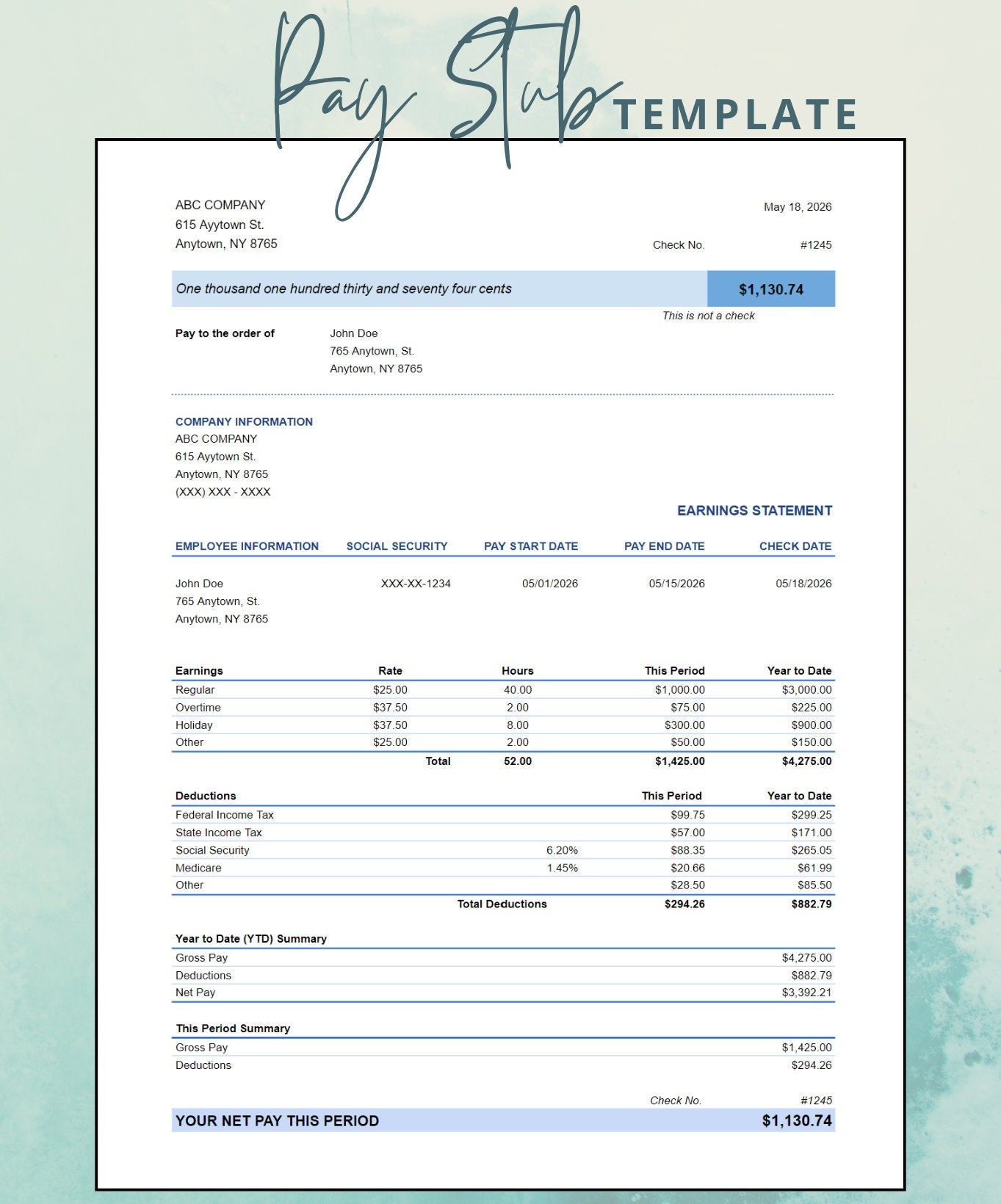 Paystub Template, Earnings Statement, Employee Payroll, Small Business ...