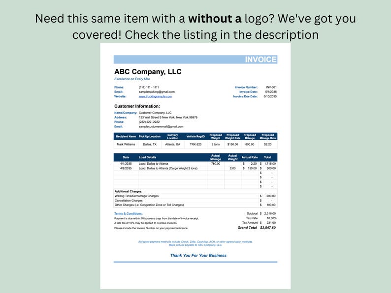Trucking Invoice Template With Logo: Freight & Mileage Billing Form - Etsy