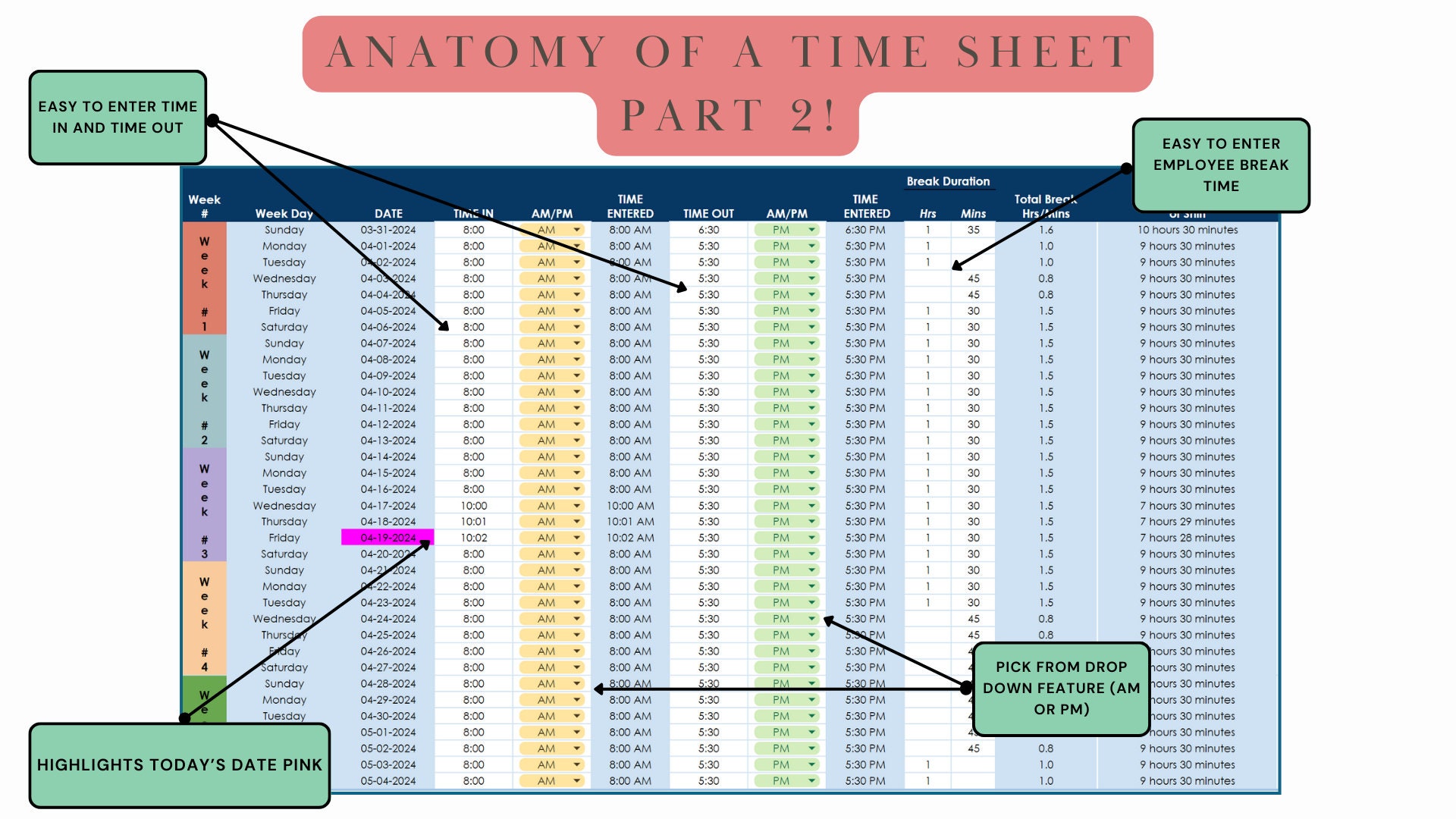 Employee Timesheet, Employee Time Tracker, Small Business Payroll, Employee Time Log Spreadsheet ...