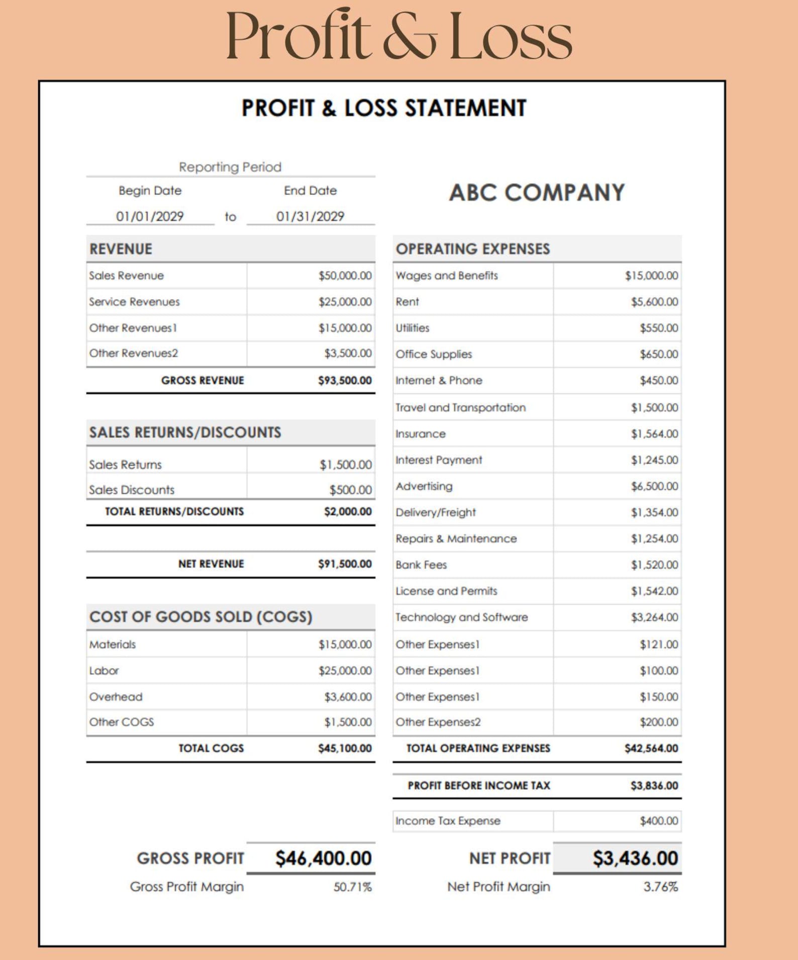 Profit and Loss Statement, Income Statement Template, Simple Financial ...