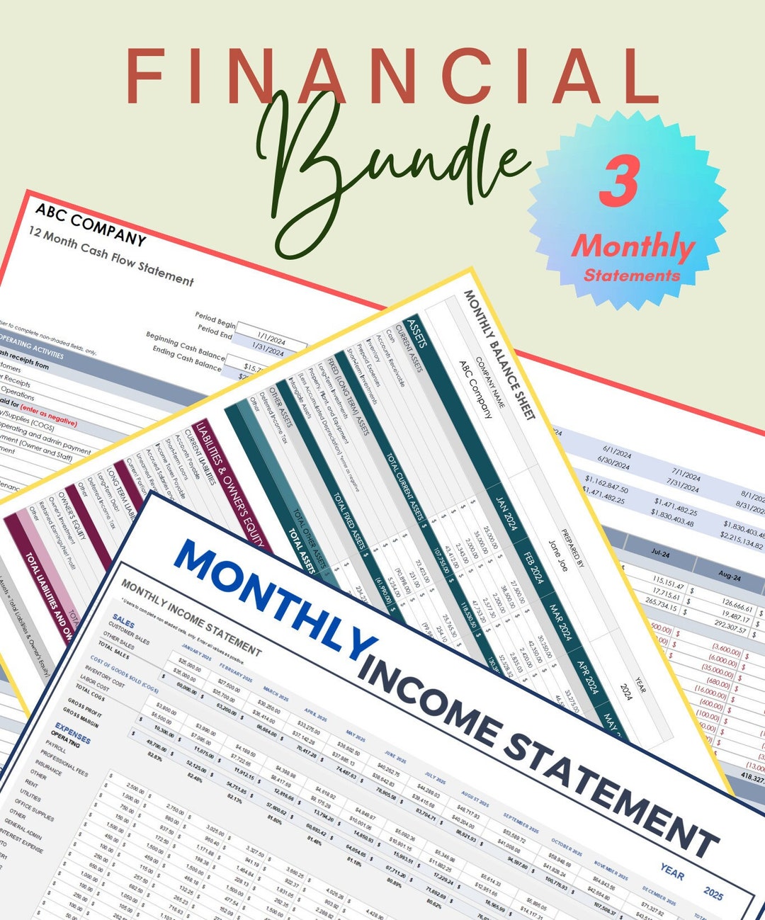 Financial Statement Bundle, Monthly Income Statement, Monthly Balance ...