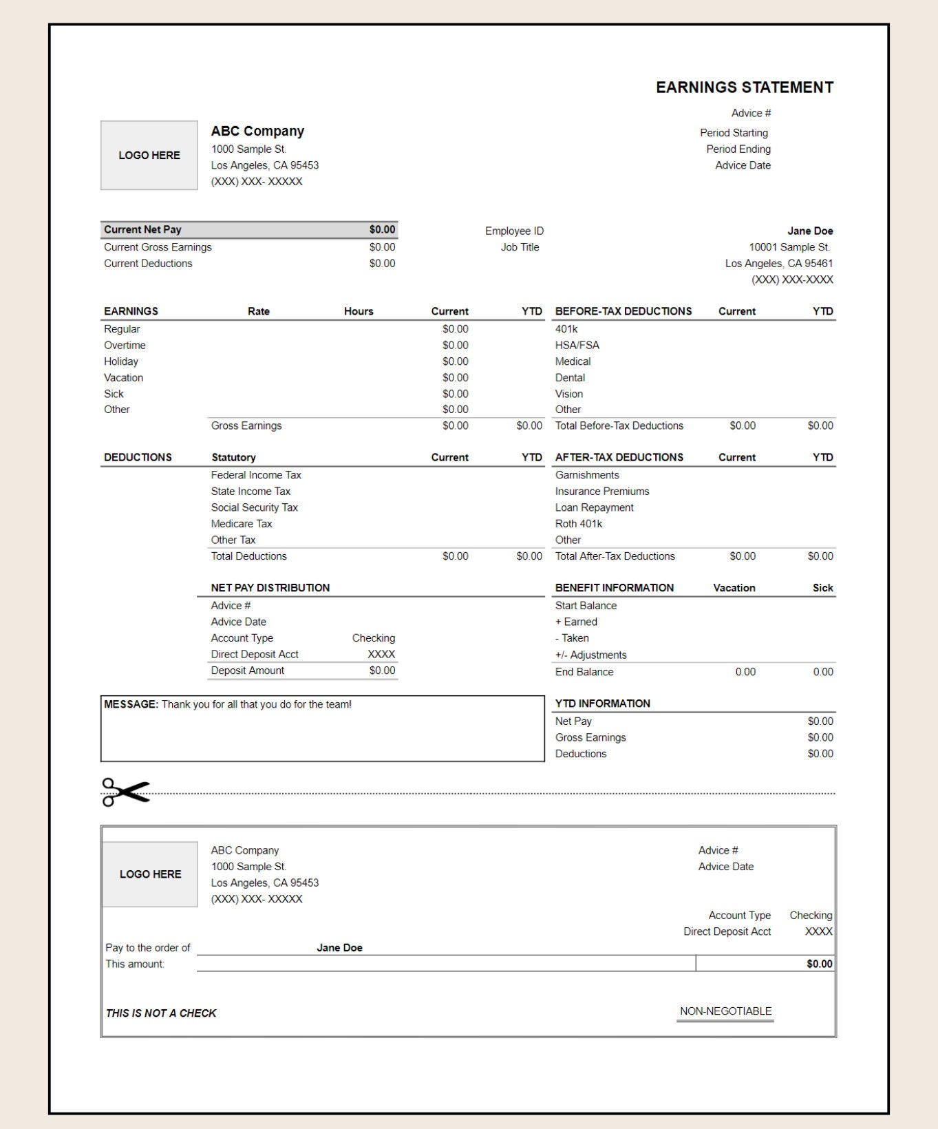 Paystub Template, Earnings Statement, Payroll Template, Payslip ...
