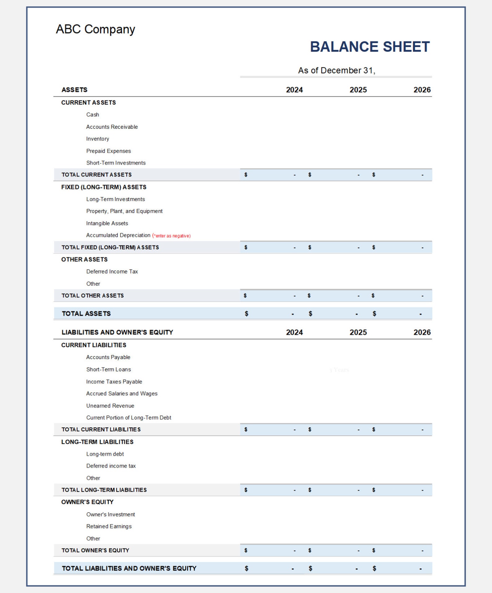 Three-year Balance Sheet Template: Business Assets and Liabilities ...