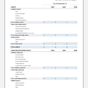 Three-year Balance Sheet Template: Business Assets and Liabilities ...