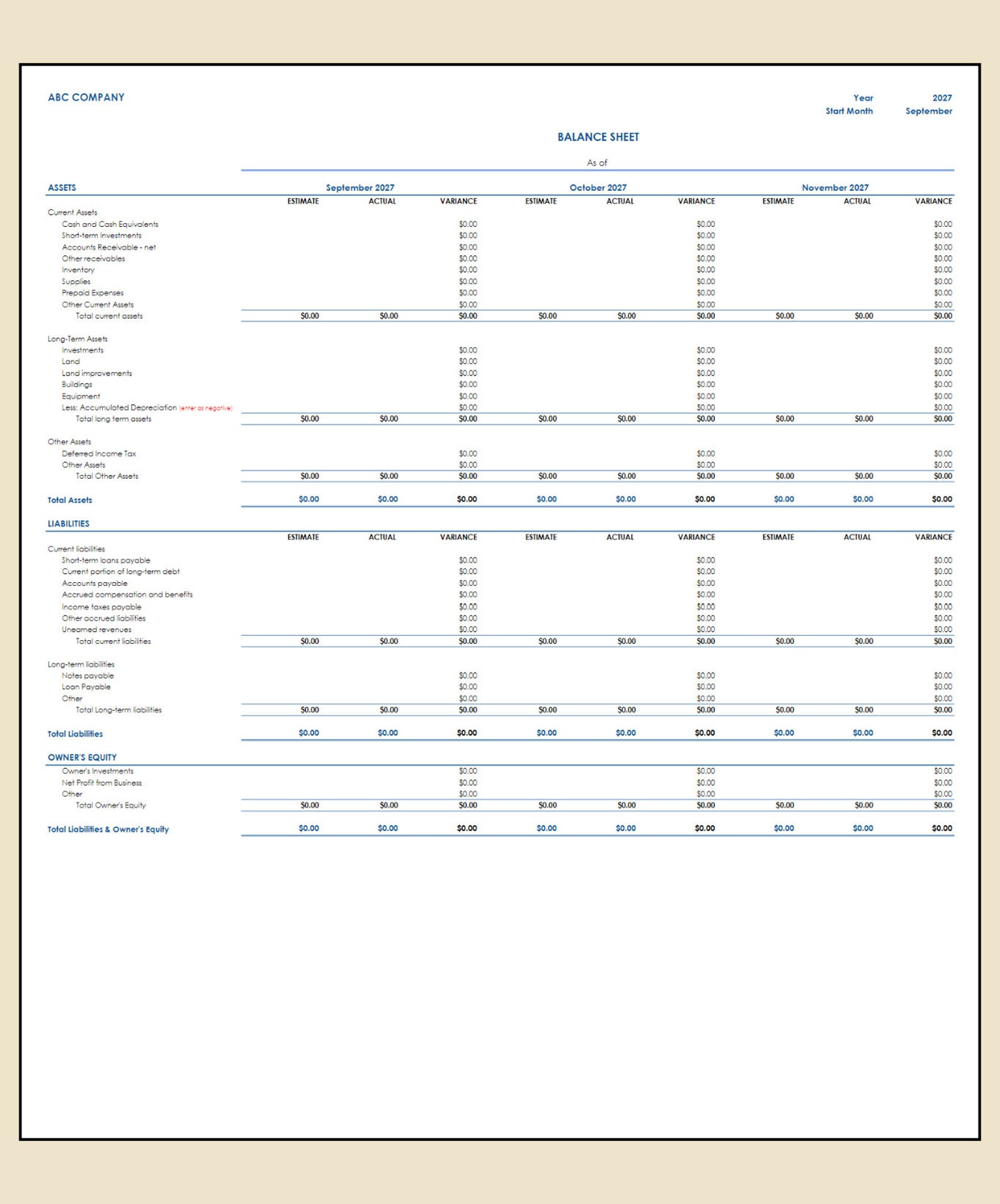 Quarterly Balance Sheet Template: Small Business Assets (google Sheets ...