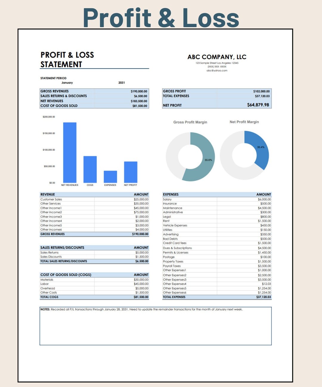 Profit and Loss Statement Template | Small Business Income & Expense ...