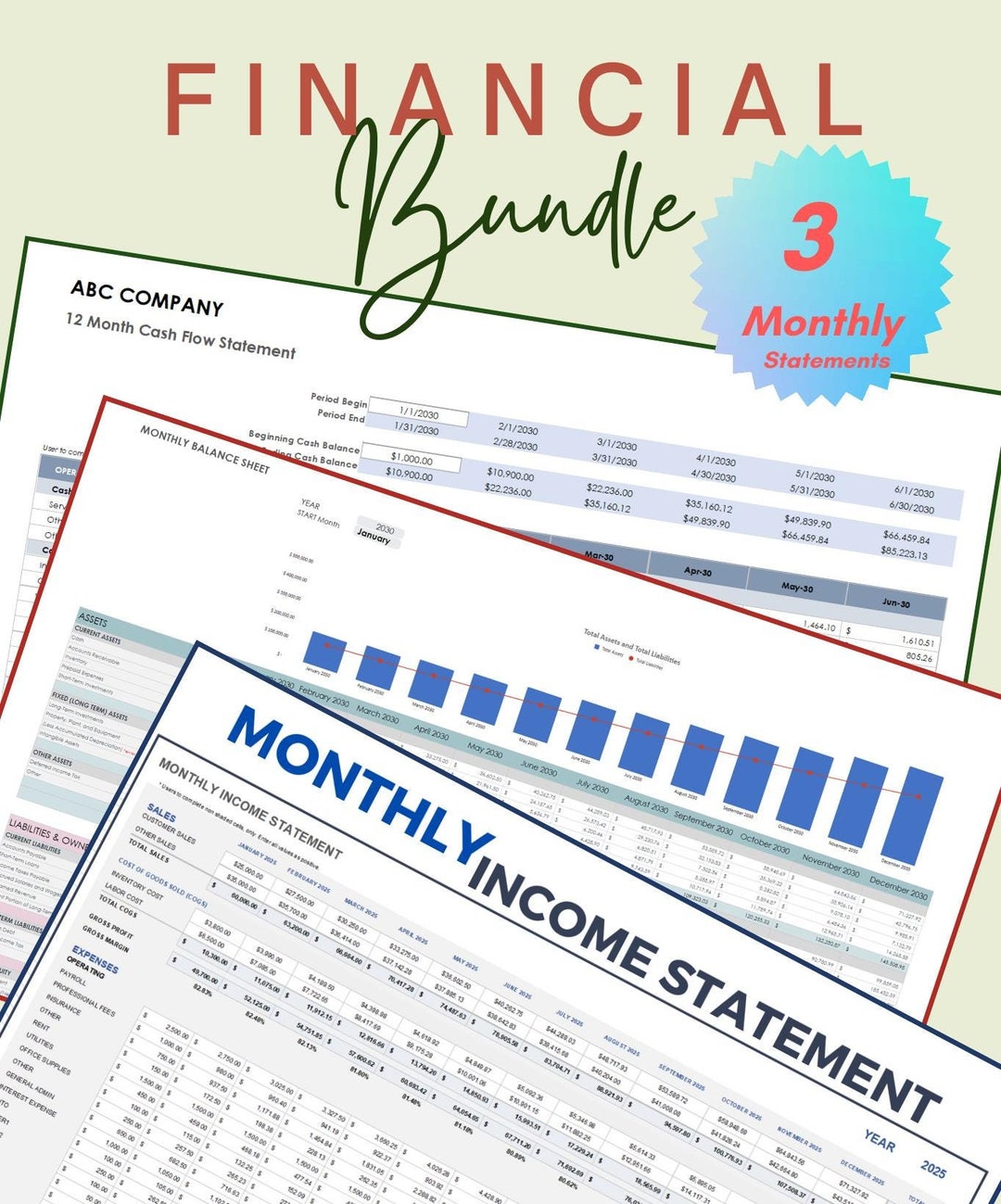 Financial Statement Bundle, Monthly Income Statement, Monthly Balance ...