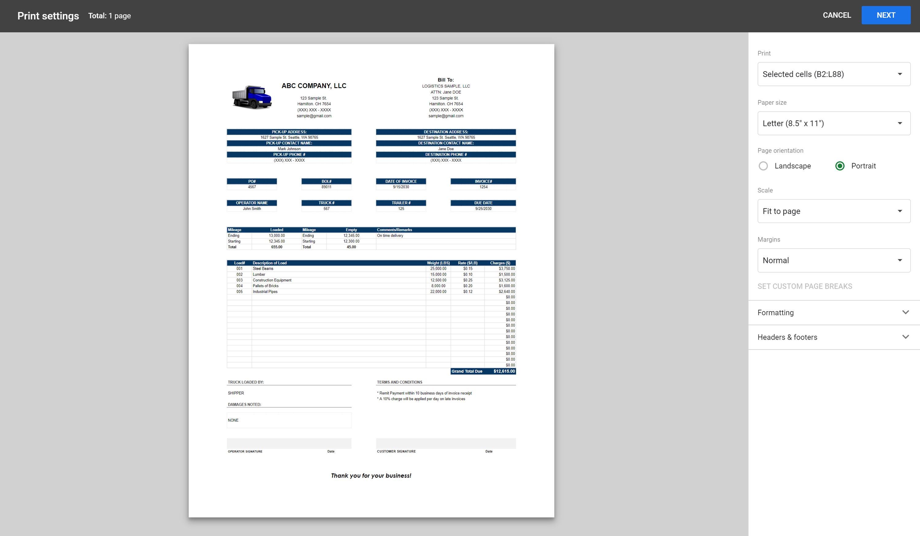 Trucker Invoice, Trucking Invoice Template, Freight Invoice, Bill of Lading, Transportation ...